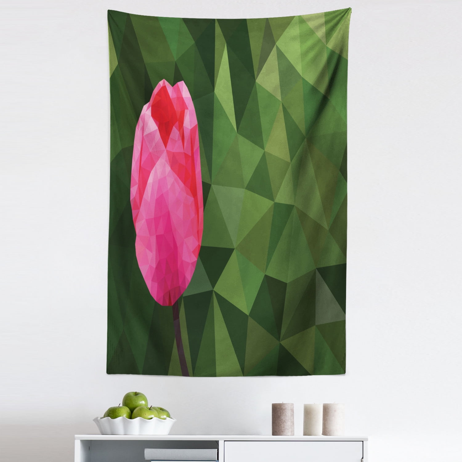 Polygons Tapestry, Pinkish Tulip Flower Petal on Mosaic Triangles Background Print, Fabric Wall ...
