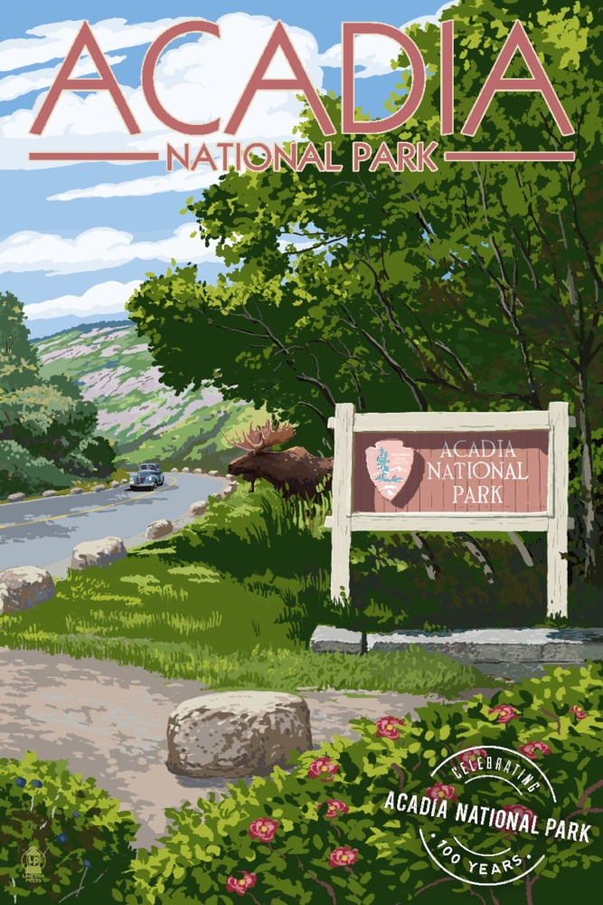 Acadia National Park, Park Entrance Sign and Moose, Centennial Rubber ...