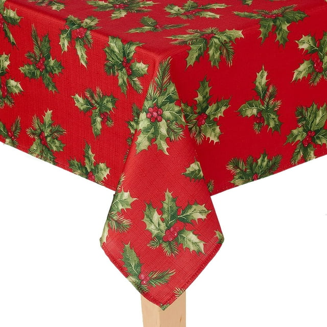 St. Nicholas Square Festive Holly Printed Red Fabric Tablecloth - 60" x ...