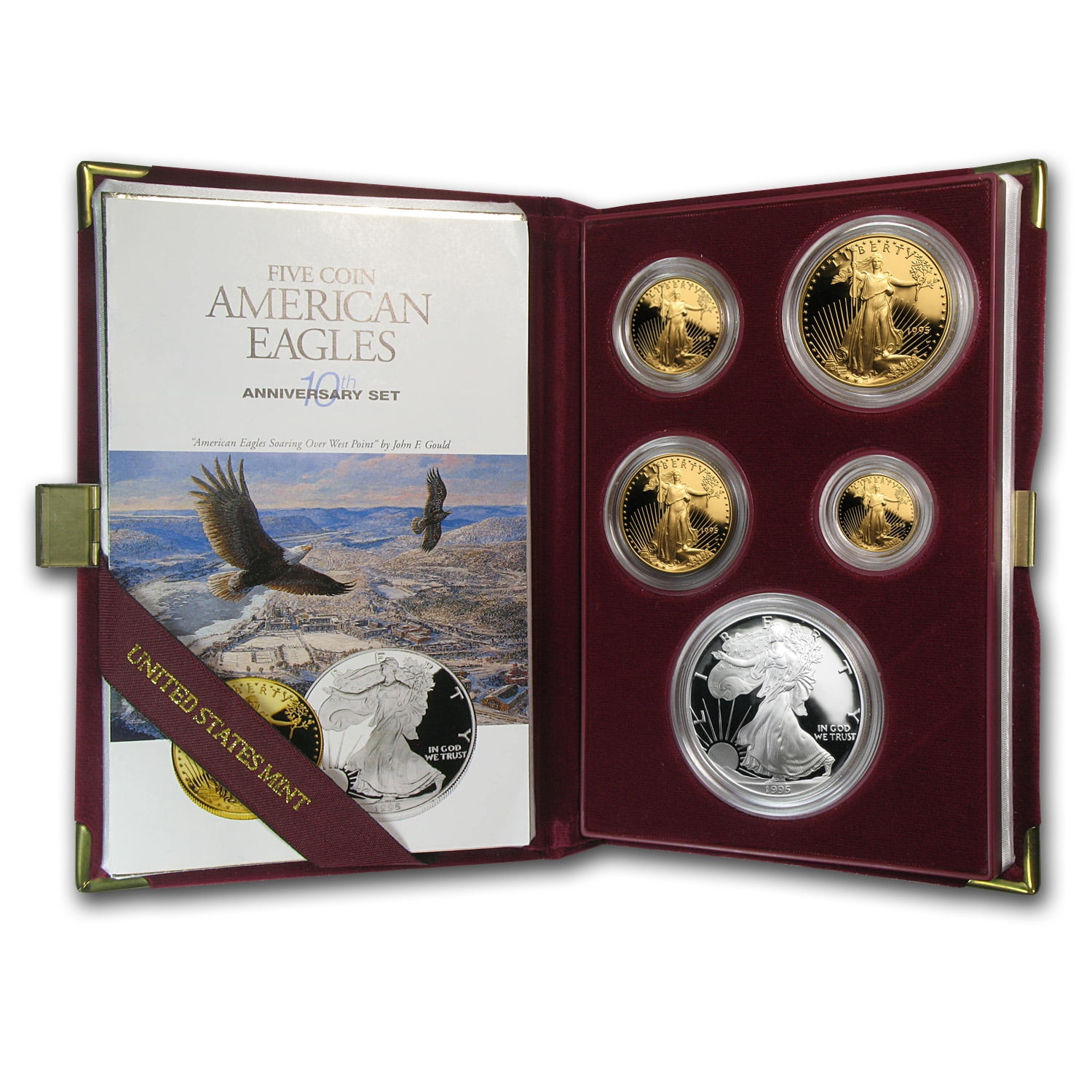 1995-W 5-Coin Proof American Eagle Set (10th Anniv, Box & COA ...