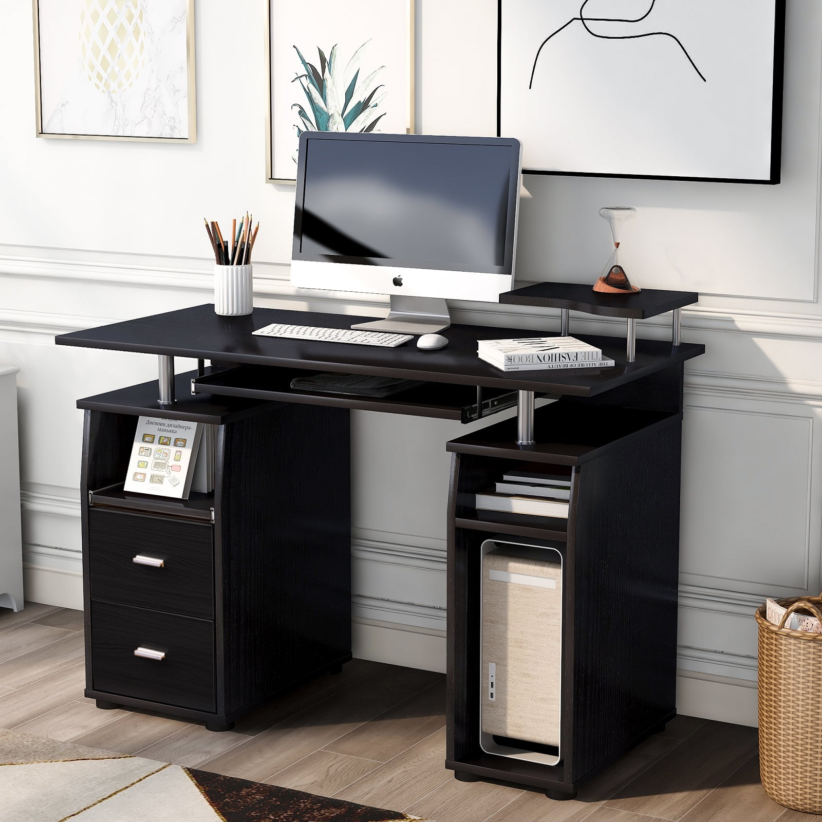 Essential Computer Desk with Pull-Out Keyboard Tray and Shelves Wood ...