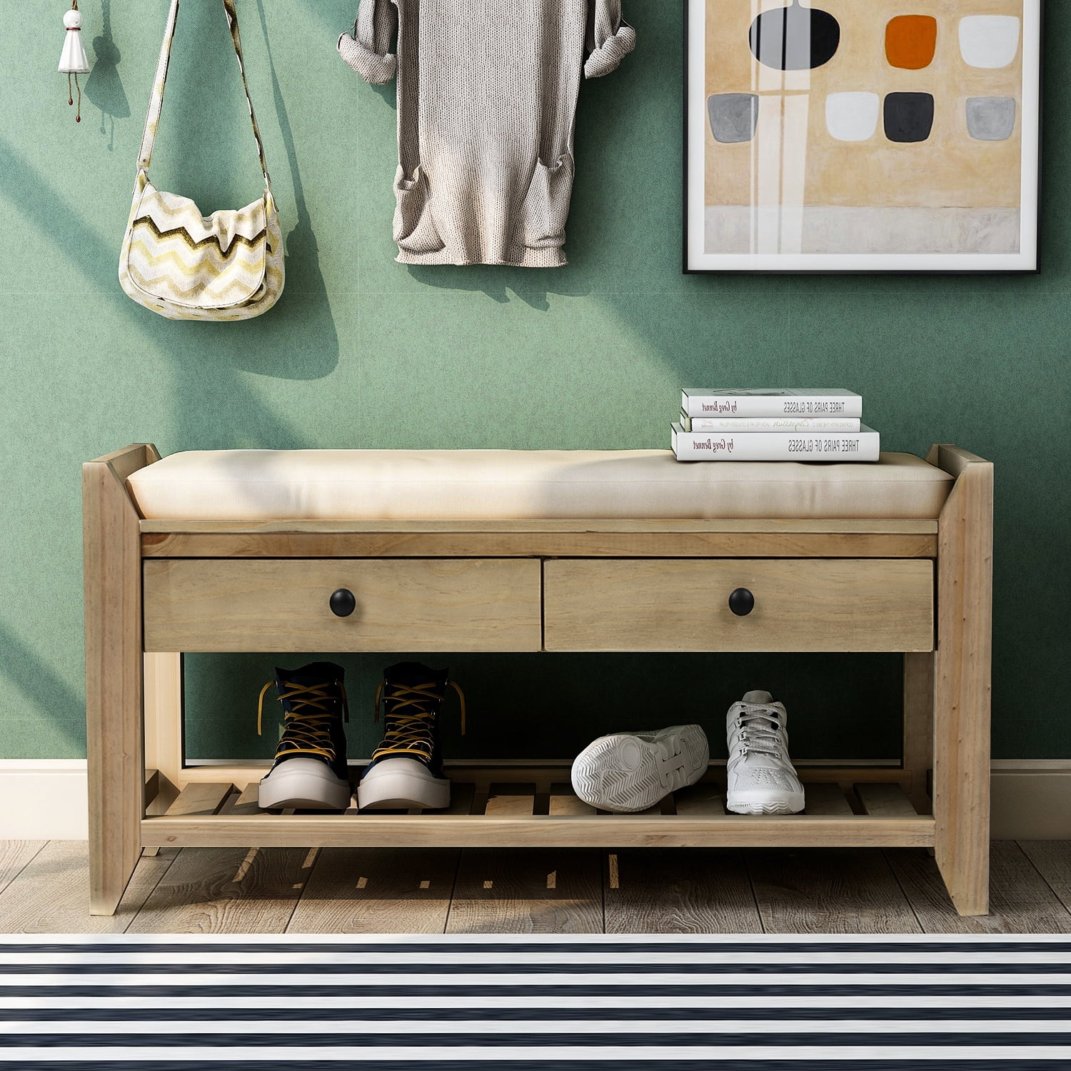 Cfowner Entryway Storage Bench, Shoe Bench Rustic Solid Wood Entryway ...