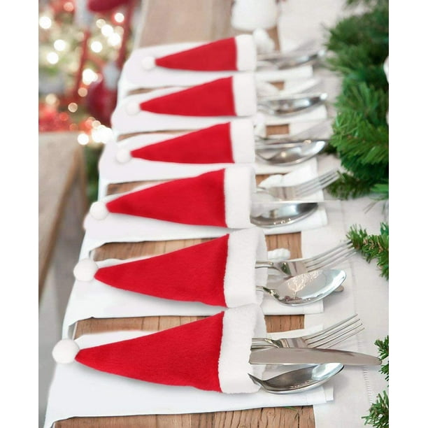 10Pcs Christmas Santa Hats Silverware Holders Tableware Storage Bag for ...