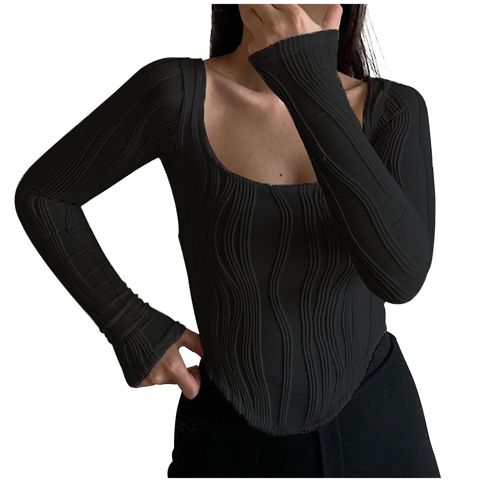 Women's Y2K Long Sleeve Corset Tops Square Neck Ribbed Knit Slim Fitted ...