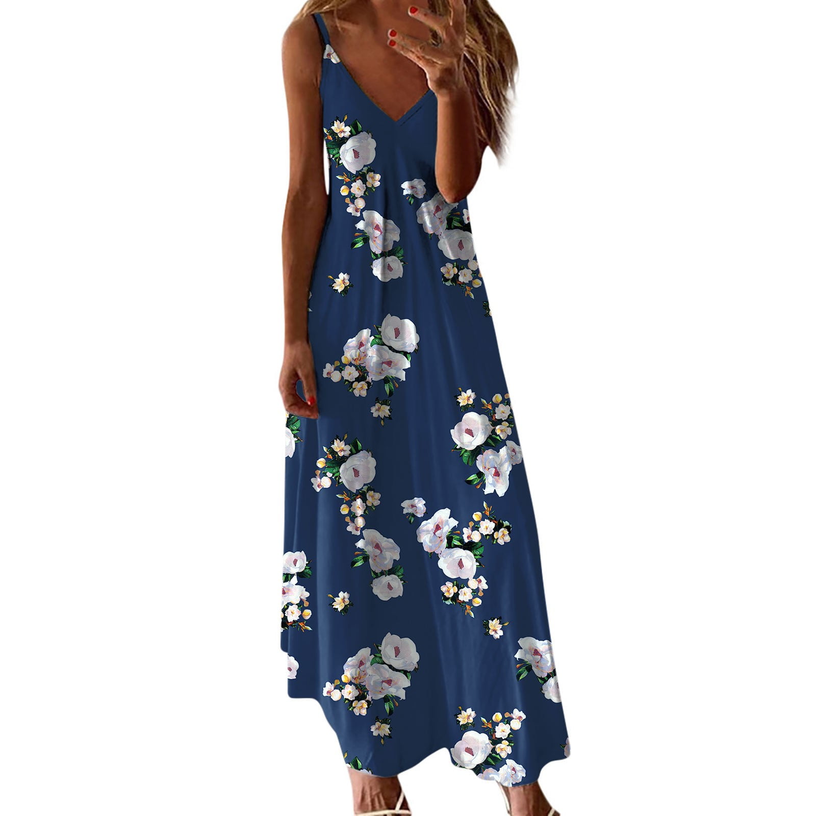 Juranmo Vintage Floral Print Maxi Dresses For Women Casual Sleeveless V