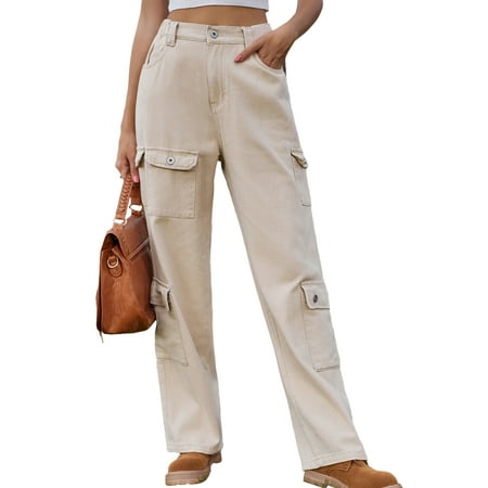 Avamo Ladies Cargo Pant Straight Leg Denim Pants High Waist Jeans Plain ...