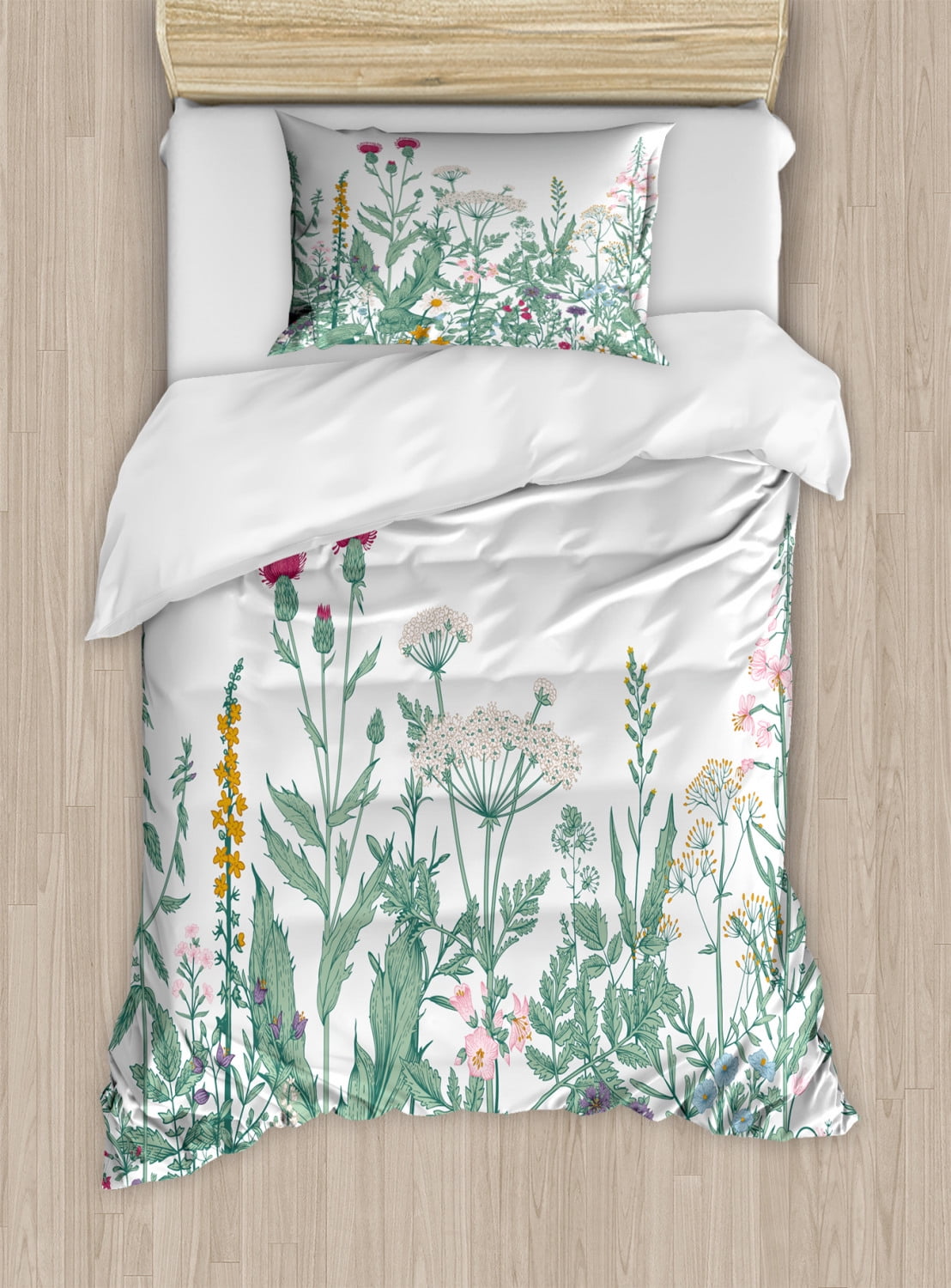 Floral Twin Size Duvet Cover Set, Vanished Colored Messy Wild Herb ...