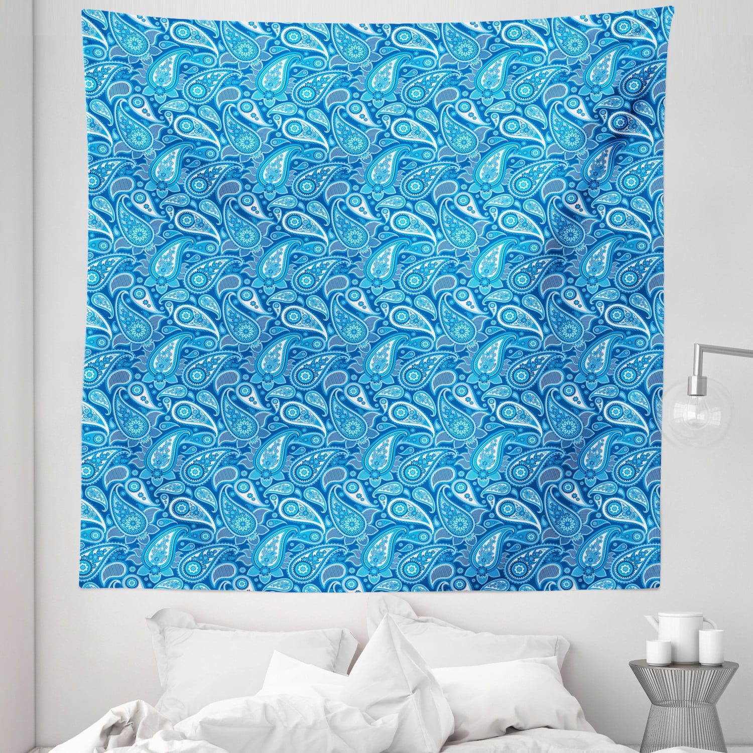Blue Paisley Tapestry, Stripes Ovals Ethnic Ornaments Buta Effect ...