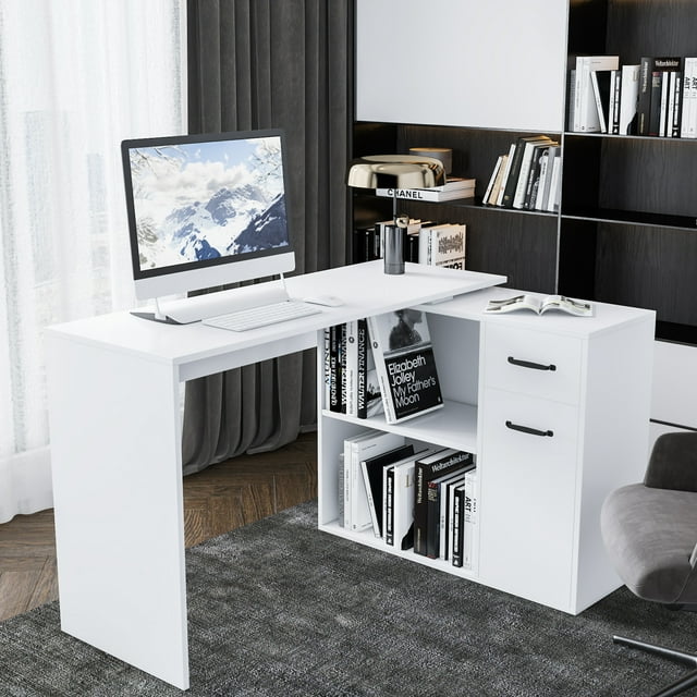 WOODYHOME 180 Rotating L-Shaped Corner Computer Desk Study Workstation ...