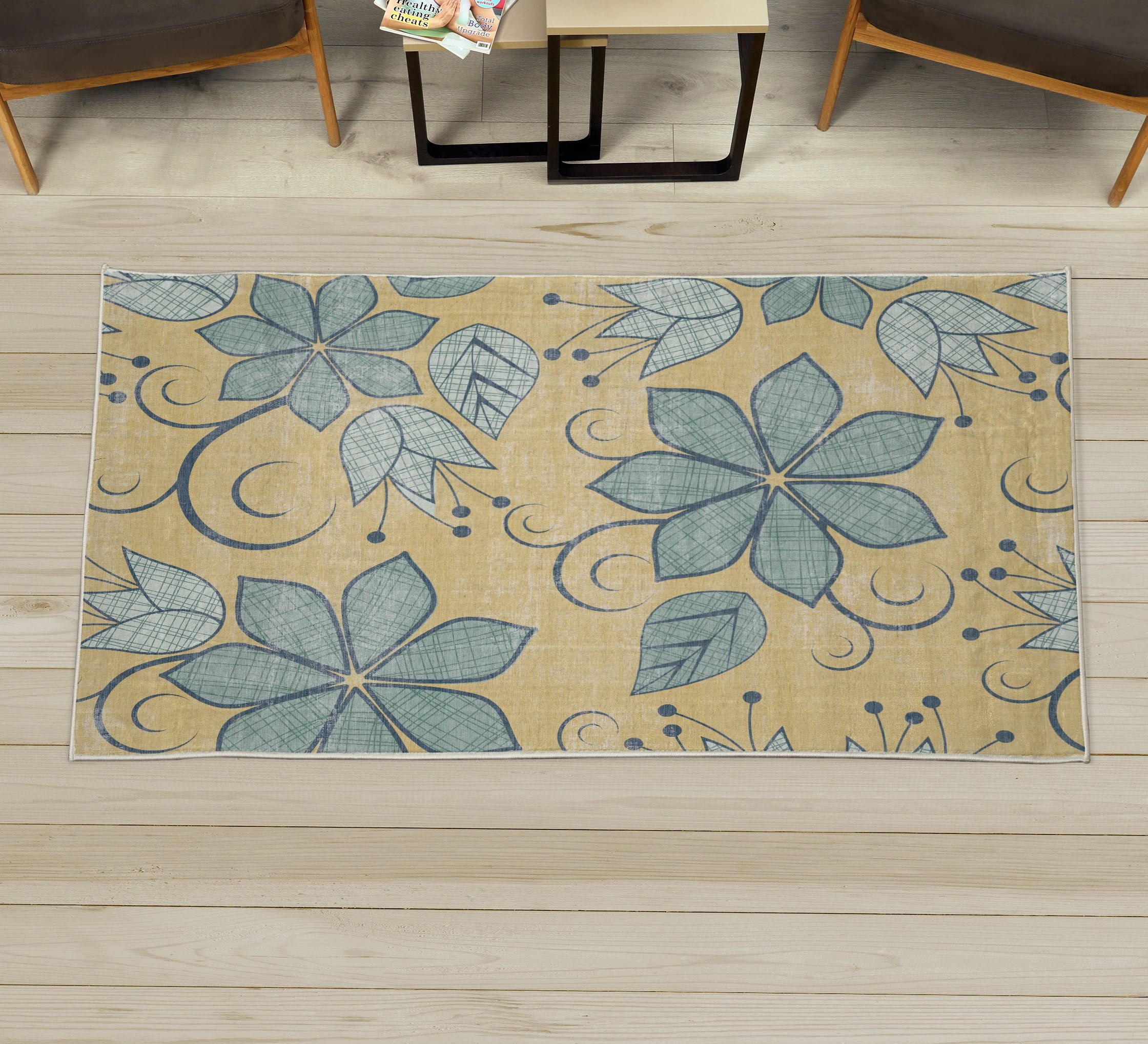 Floral Decorative Rug, Delicate Flowers with Swirling Ivy Branches ...