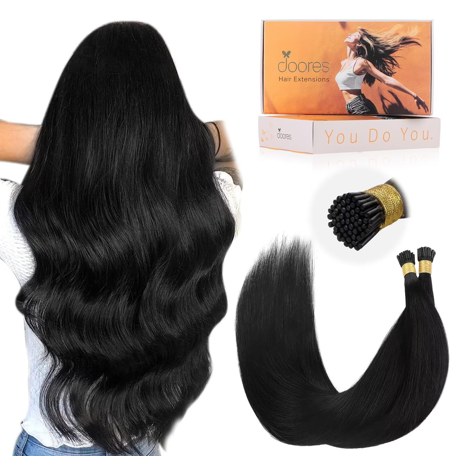 Extensiones de cabello DOORES Itip, 40 cm, 100 g, 200 s, color negro ...
