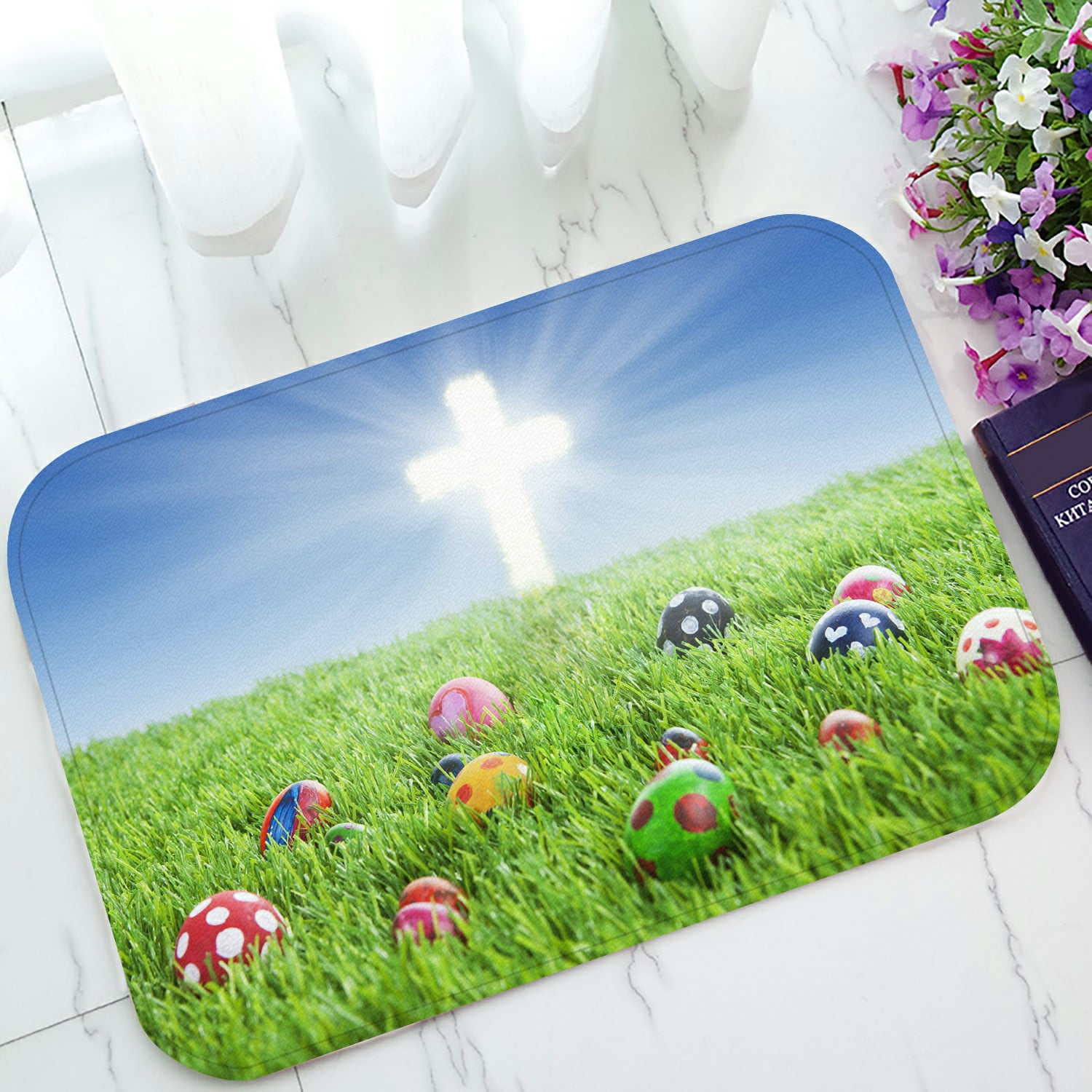 ABPHQTO Colorful Easter Eggs Grass Bright Cross Doormat Entrance Rug ...