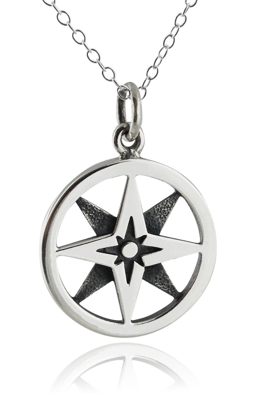 Sterling Silver Round North Star Compass Pendant Necklace, 18" Chain ...