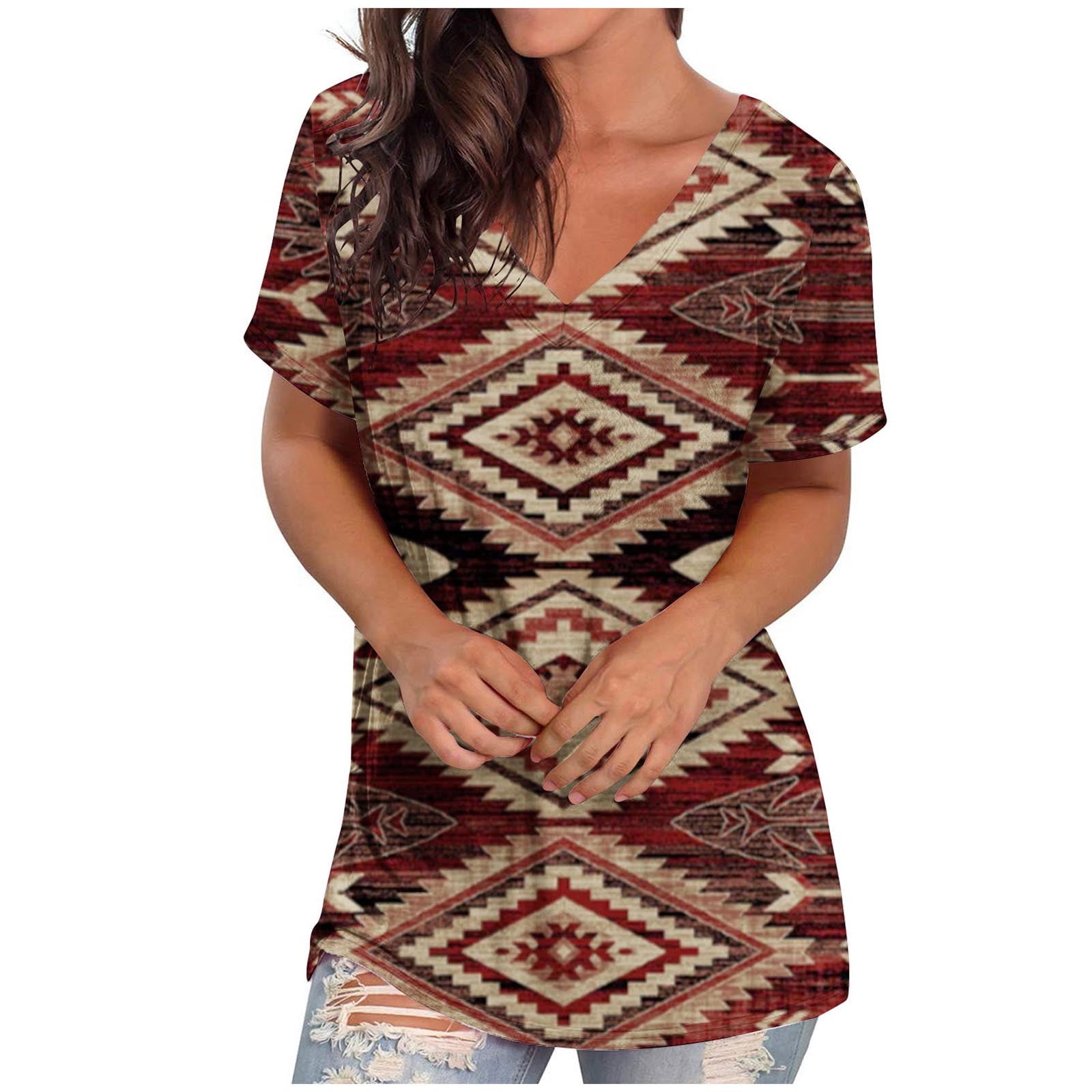 Komiseup Plus Size Womens Shirts Womens Western Tribal Ethnic Shirt