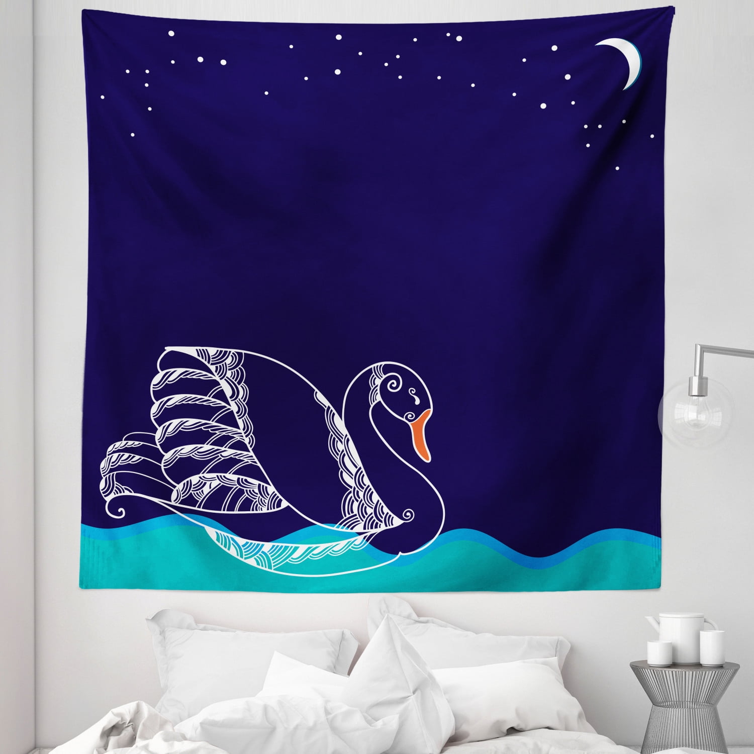 White Blue Tapestry, Silhouette of Big Winged Swan Floating on Waves in ...
