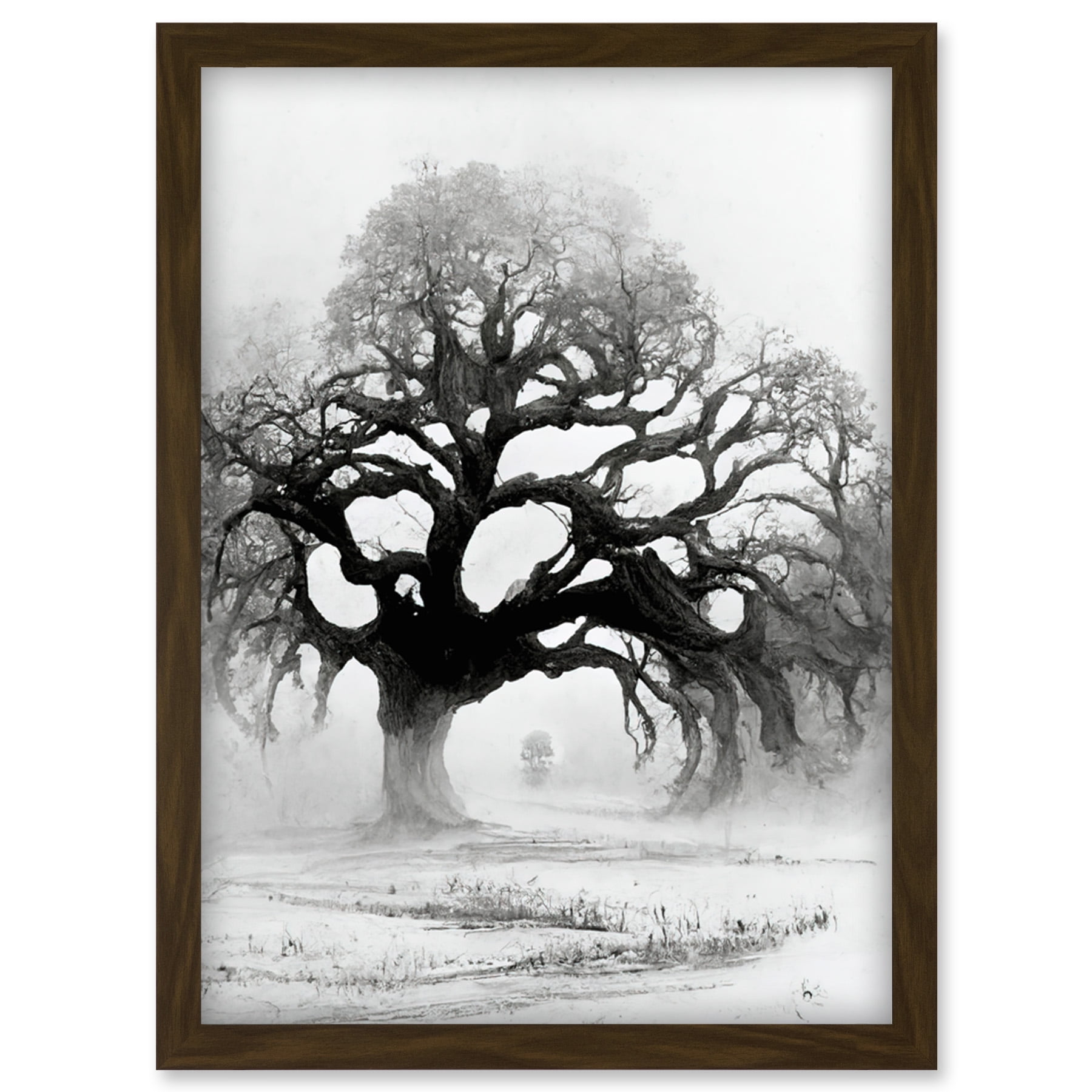 Old Oak Tree In Misty Landscape Pen Ink Illustration Artwork Framed ...