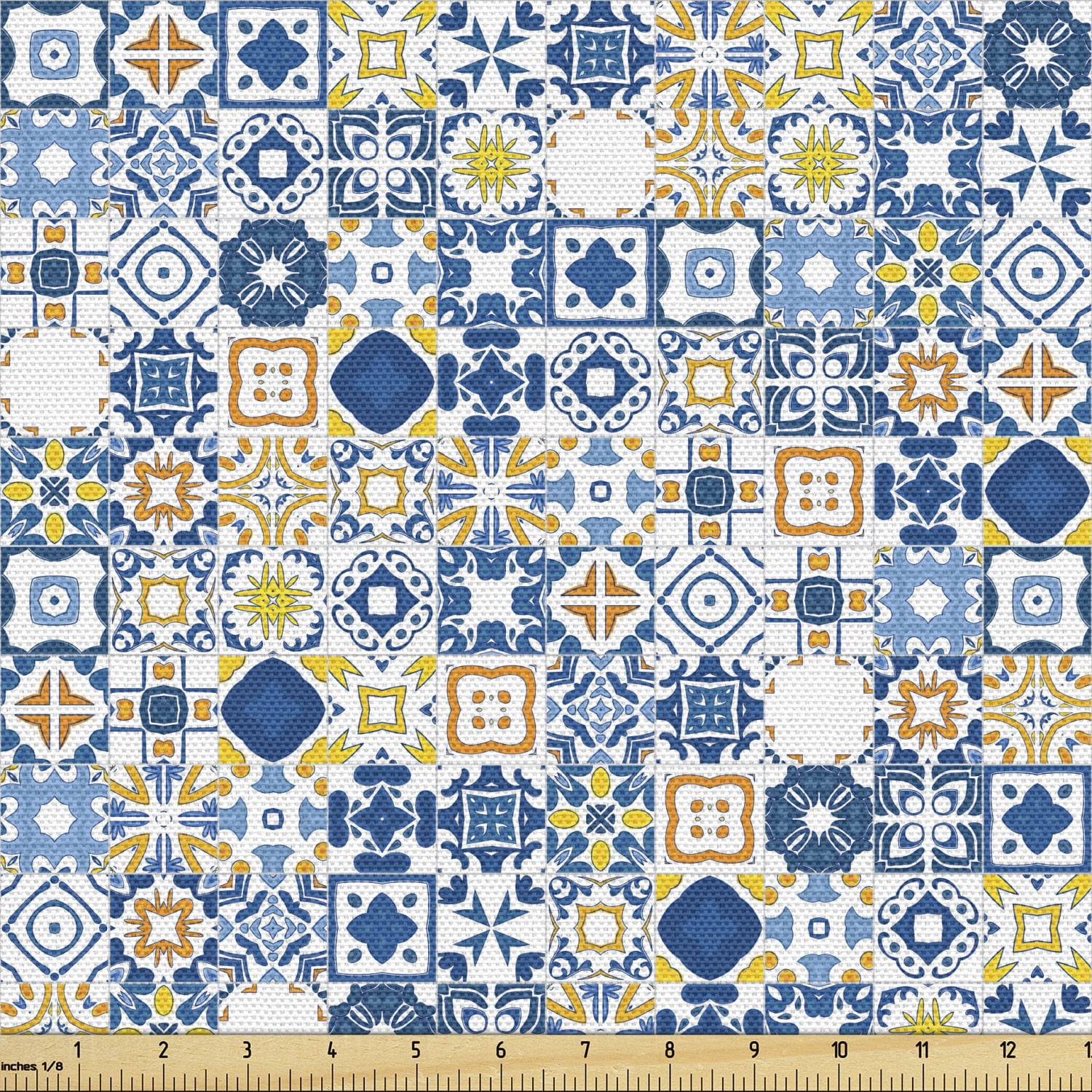 Yellow and Blue Fabric by the Yard, Mosaic Portuguese Azulejo ...