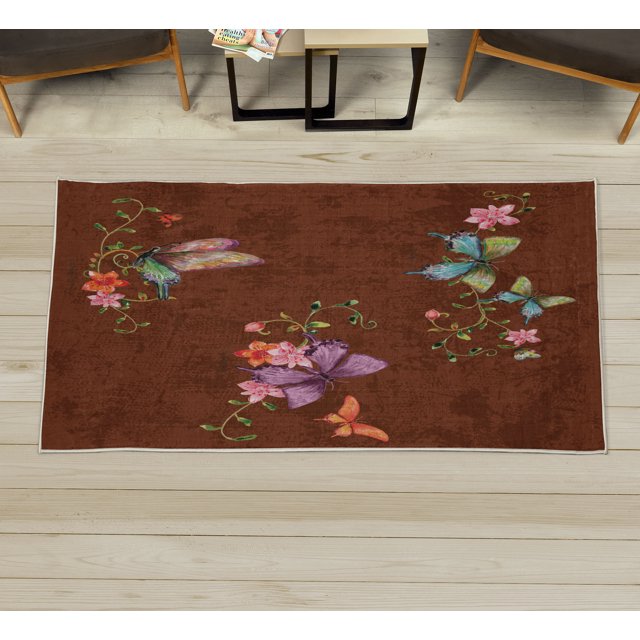 Butterfly Decorative Rug, Springtime Flying Moths on Vintage Style ...