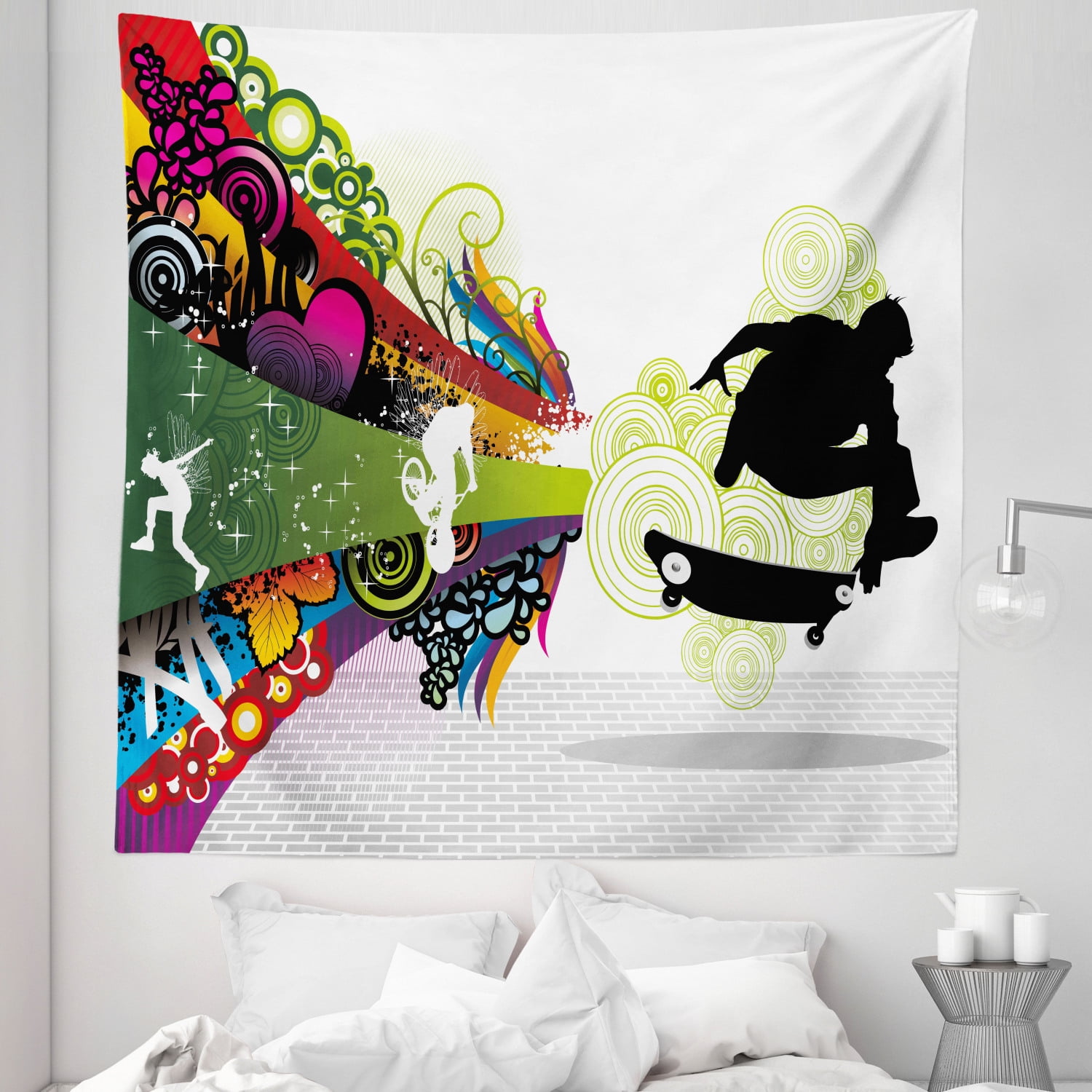 Teenager Tapestry, Vivid Young Theme Design with Scater Boy and Rainbow ...