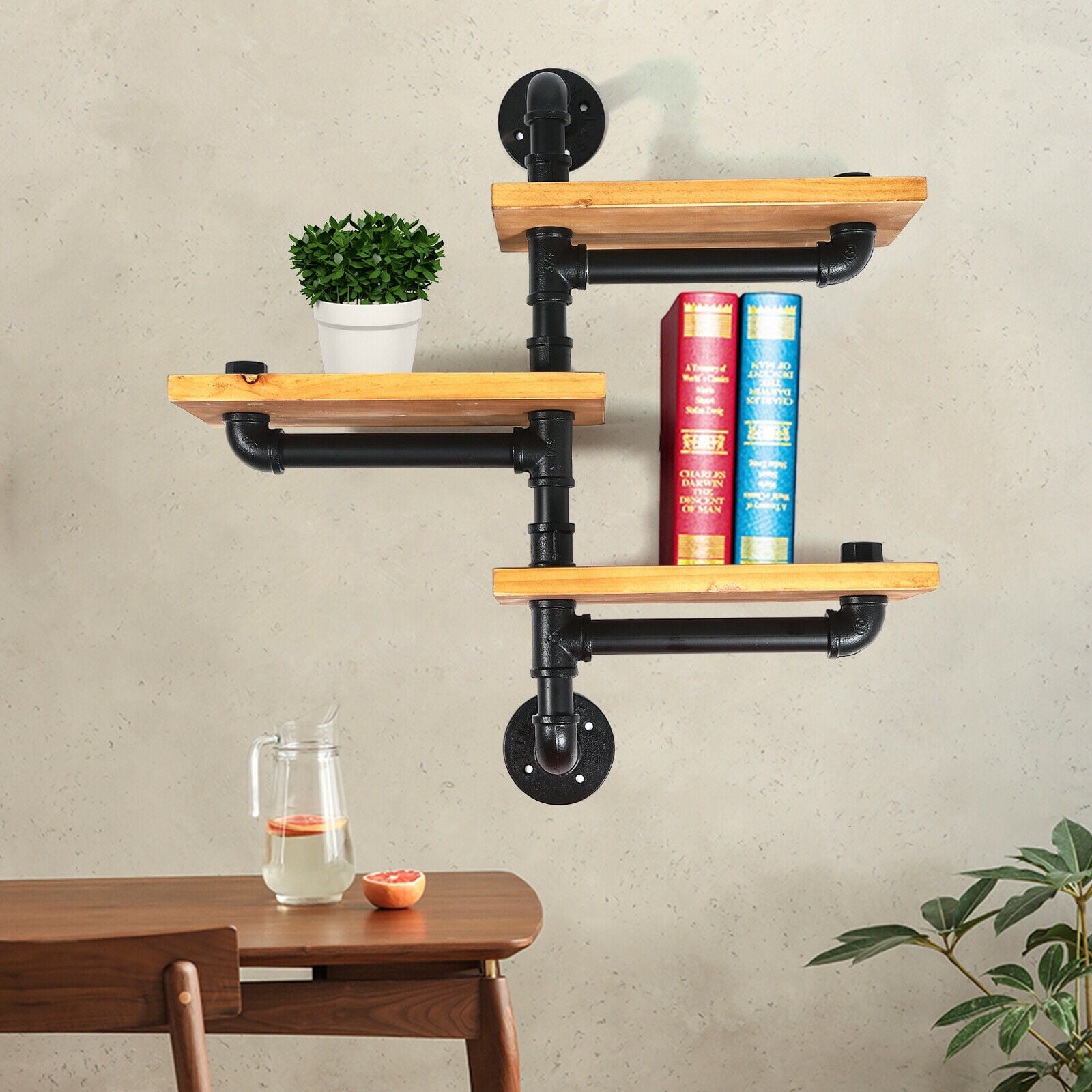 54cm Industrial Wood Shelf (Three Deck) Wall Mount Bracket Storage ...