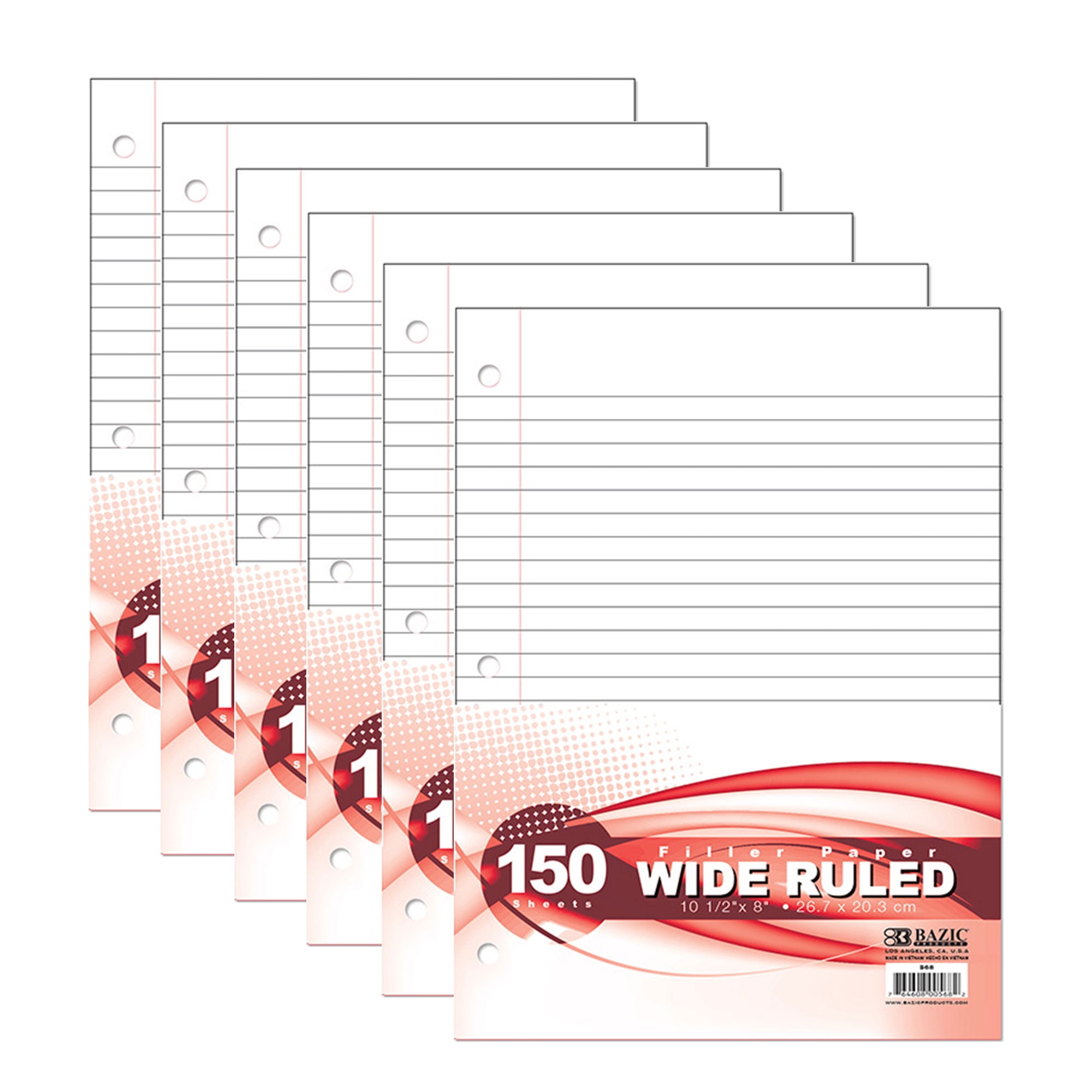 BAZIC Filler Paper Loose Leaf 150 Sheet, Wide Ruled 3 Hole Punched, 6 ...