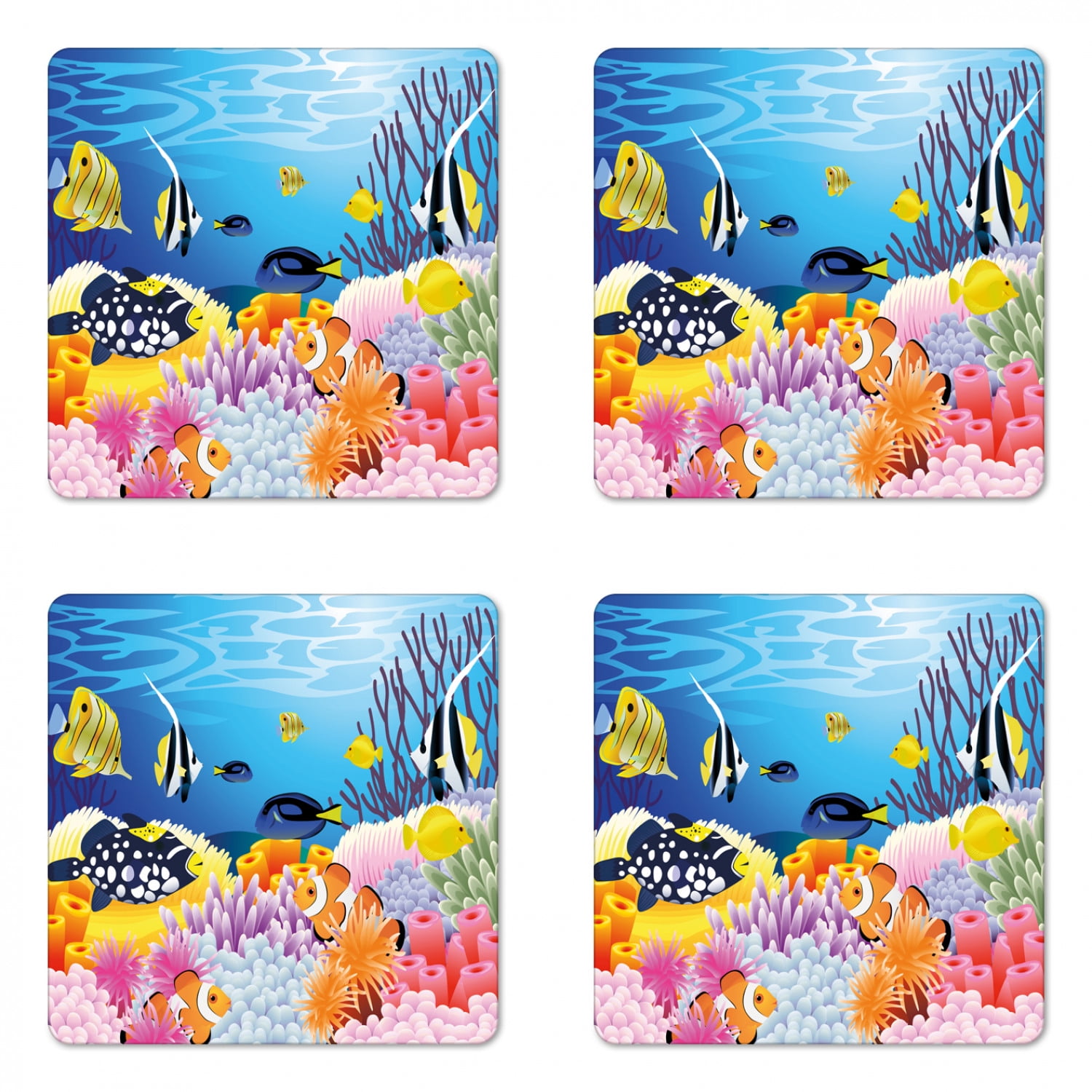 Fish Coaster Set of 4, Water Life Different Kind of Fishes Coral Reefs ...