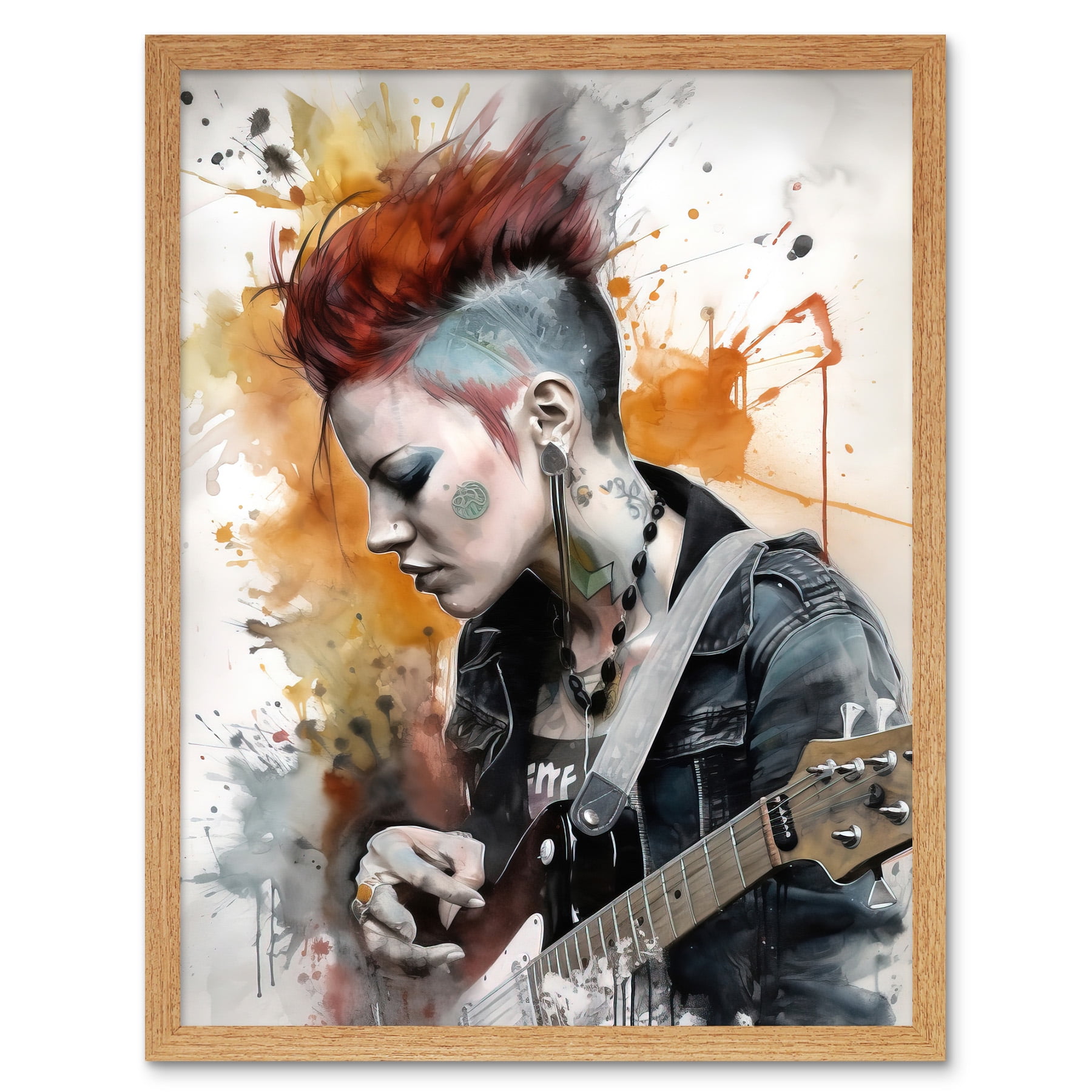 Edgy Young Punk Woman with Mohawk and Electric Guitar Modern Watercolour Painting Art Print ...