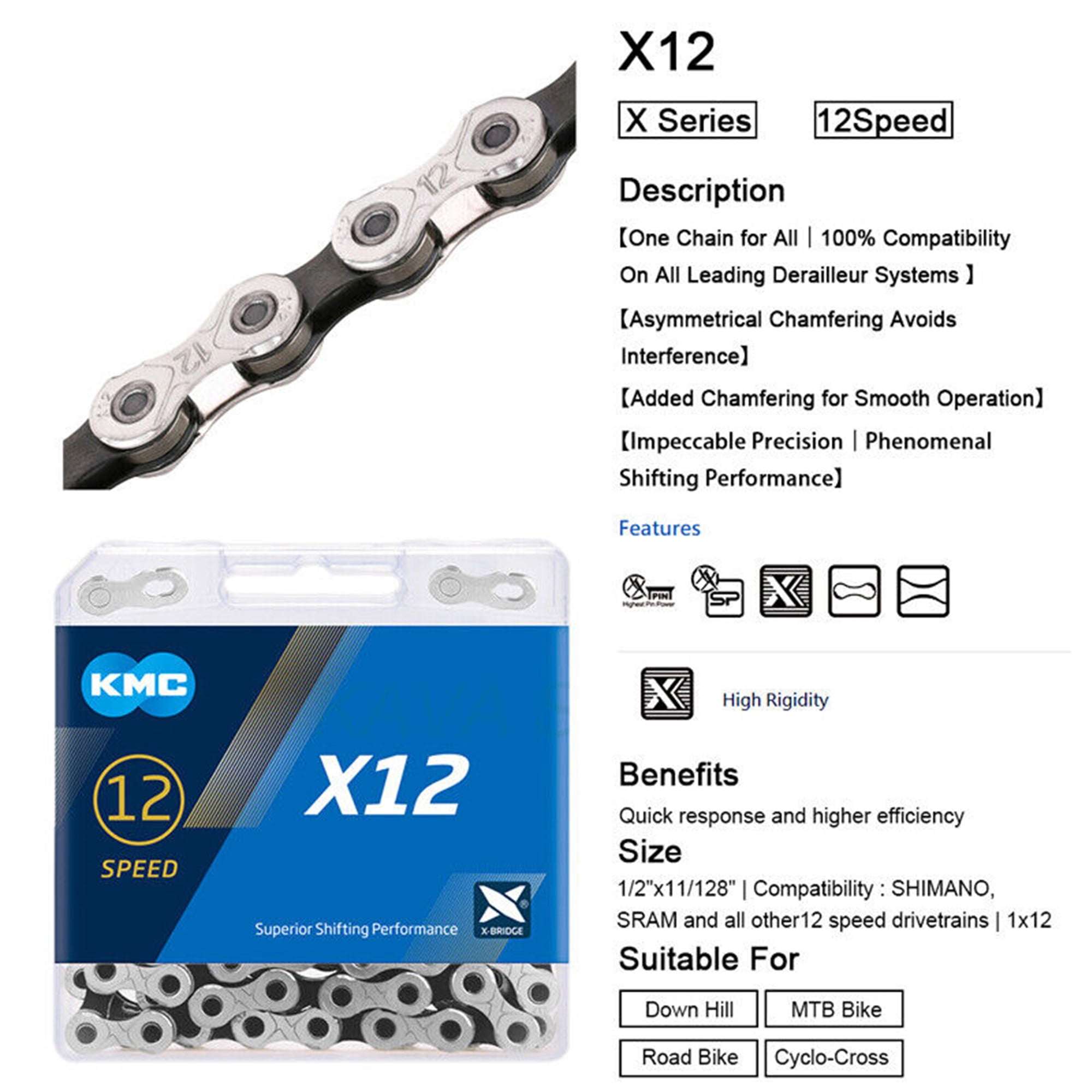 Buy KMC X12 12 Speed Road/Mountain Bike Chain 126L Missing Link for ...