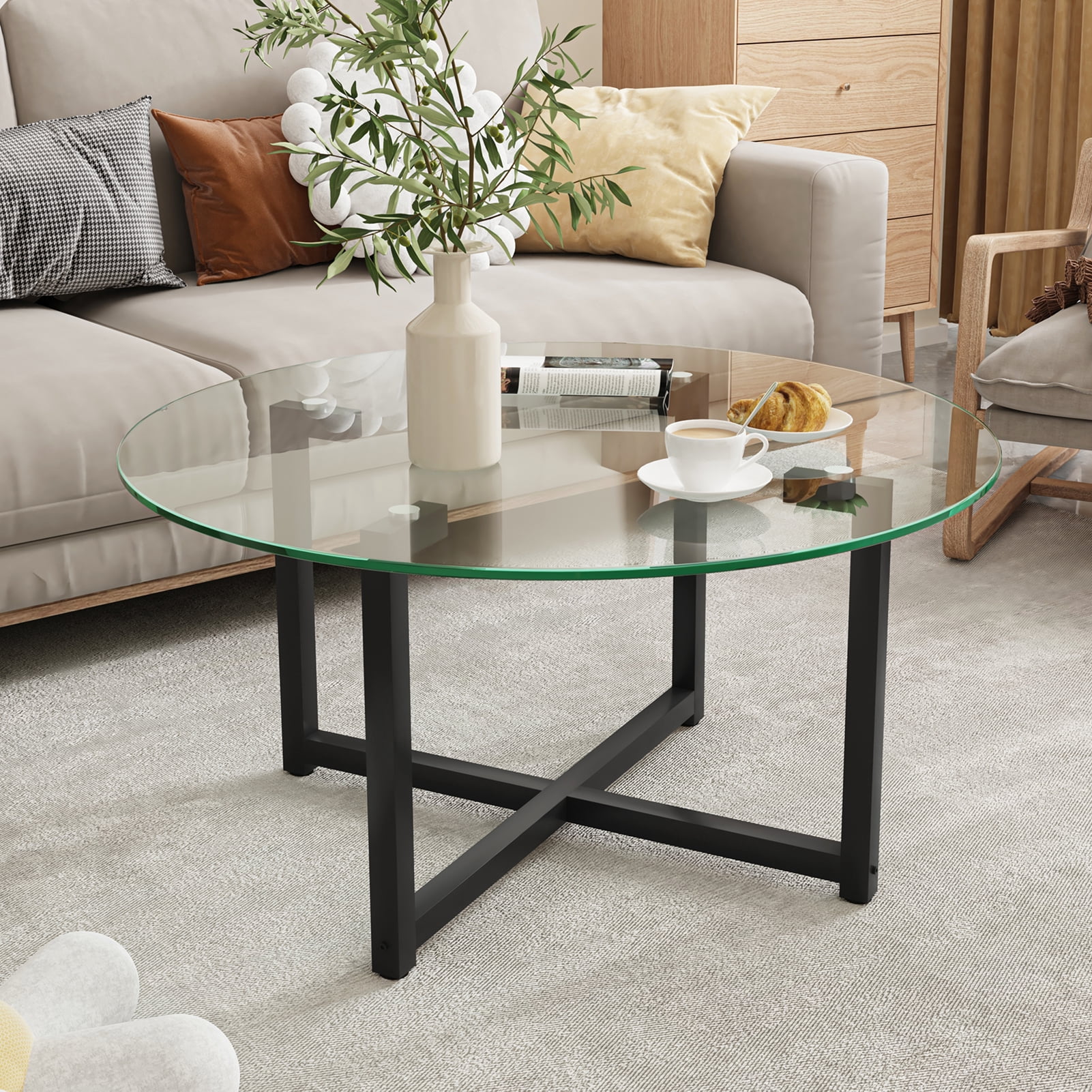 Resenkos 35.5" Modern Clear Glass Round Coffee Table, Metal Frame ...