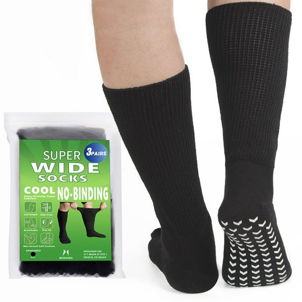 3 Pairs Black Super Wide Socks with Non-Skid Grips - for Lymphedema ...