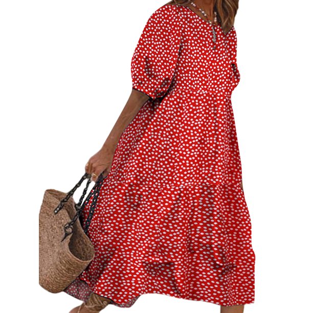Lumento Plus Size Women Summer Boho Floral Long Maxi Dress Short Sleeve