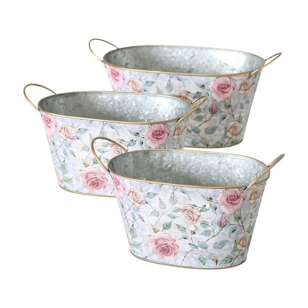 3 Pack Galvanized Oval Planters, English Rose Garden Pattern, Rolled ...