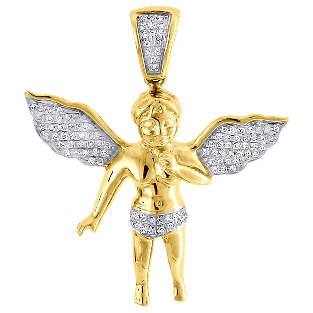 10K Yellow Gold Diamond Mini Angel Pendant 1.33" Charm 0.15 CT ...