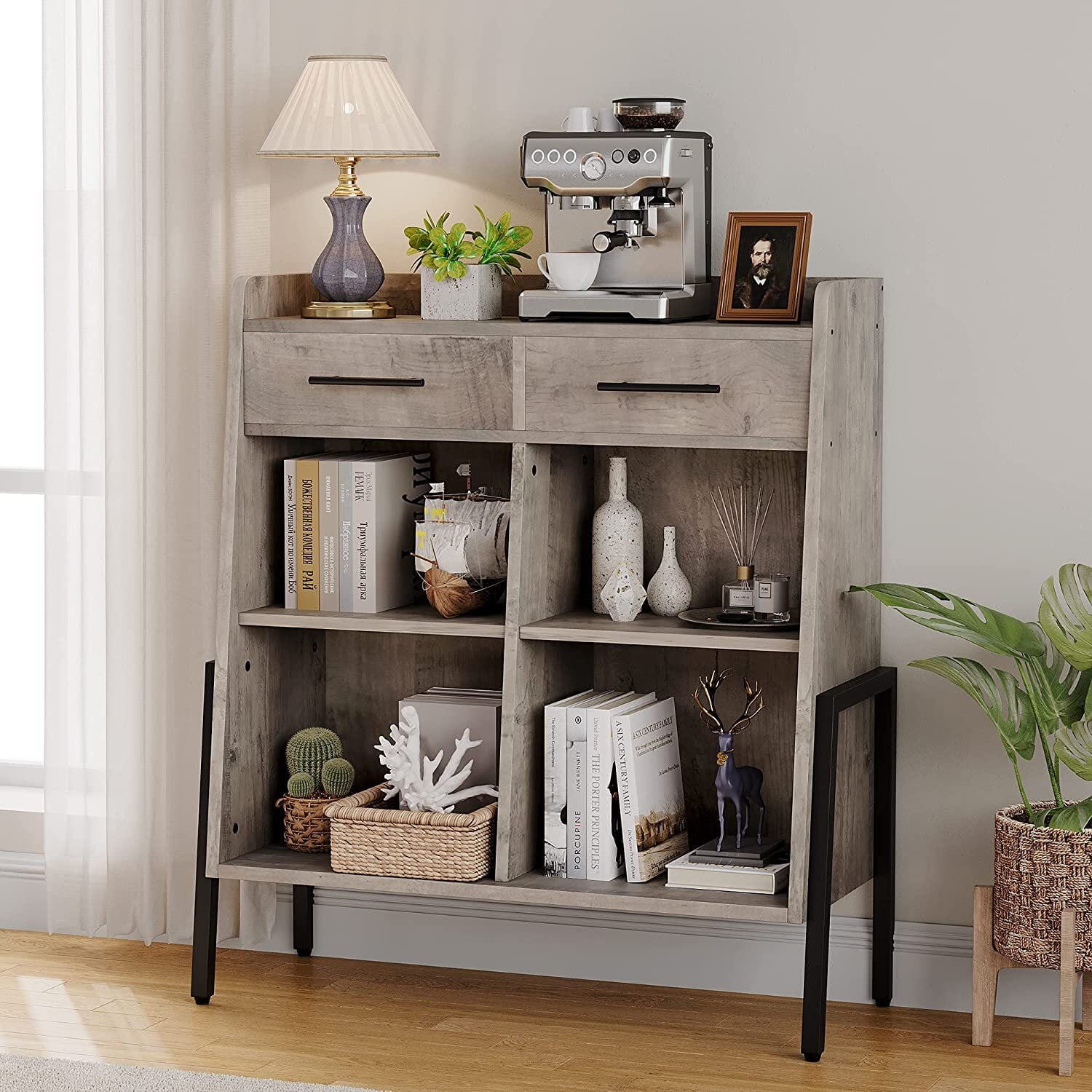 Yartaka Bookcase 3 Tier Bookshelf with Drawers Horizontal Storage ...