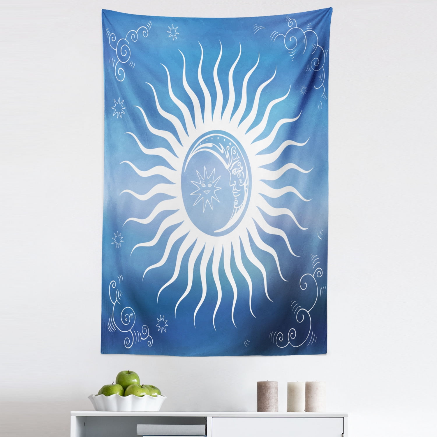 Sun Tapestry, Crescent Moon and Sun with Curlicue Stripes Ornate ...