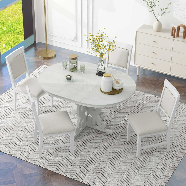 Churanty Wooden 5 Piece Farmhouse Dining Set Extendable Round Table with Leaf 4 Chairs Walmart
