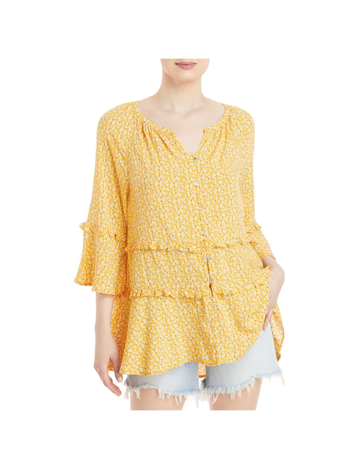 BEACHLUNCHLOUNGE COLLECTION Womens Yellow Ruffled Tiered Floral Split ...