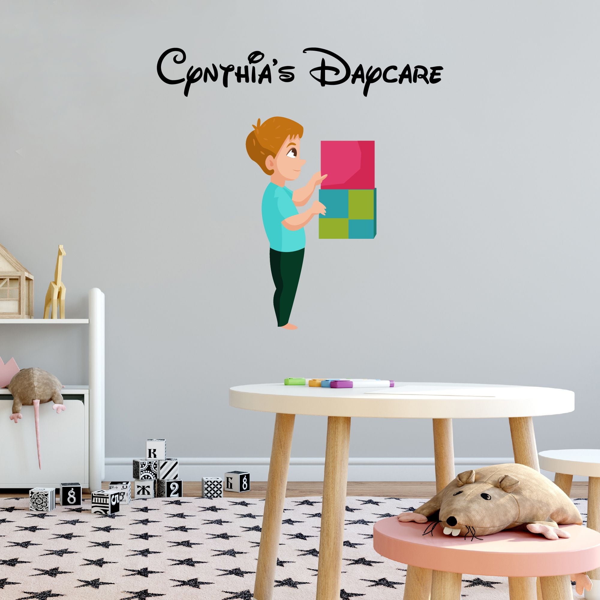 Personalized Name Day Care Wall Decal Little Boy playing with Building ...