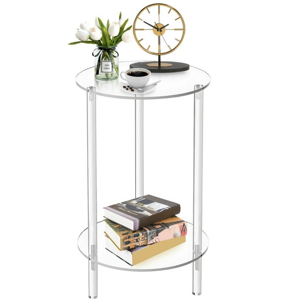 2-Tier Acrylic Round Side Table, Clear Side Coffee Table for Small ...
