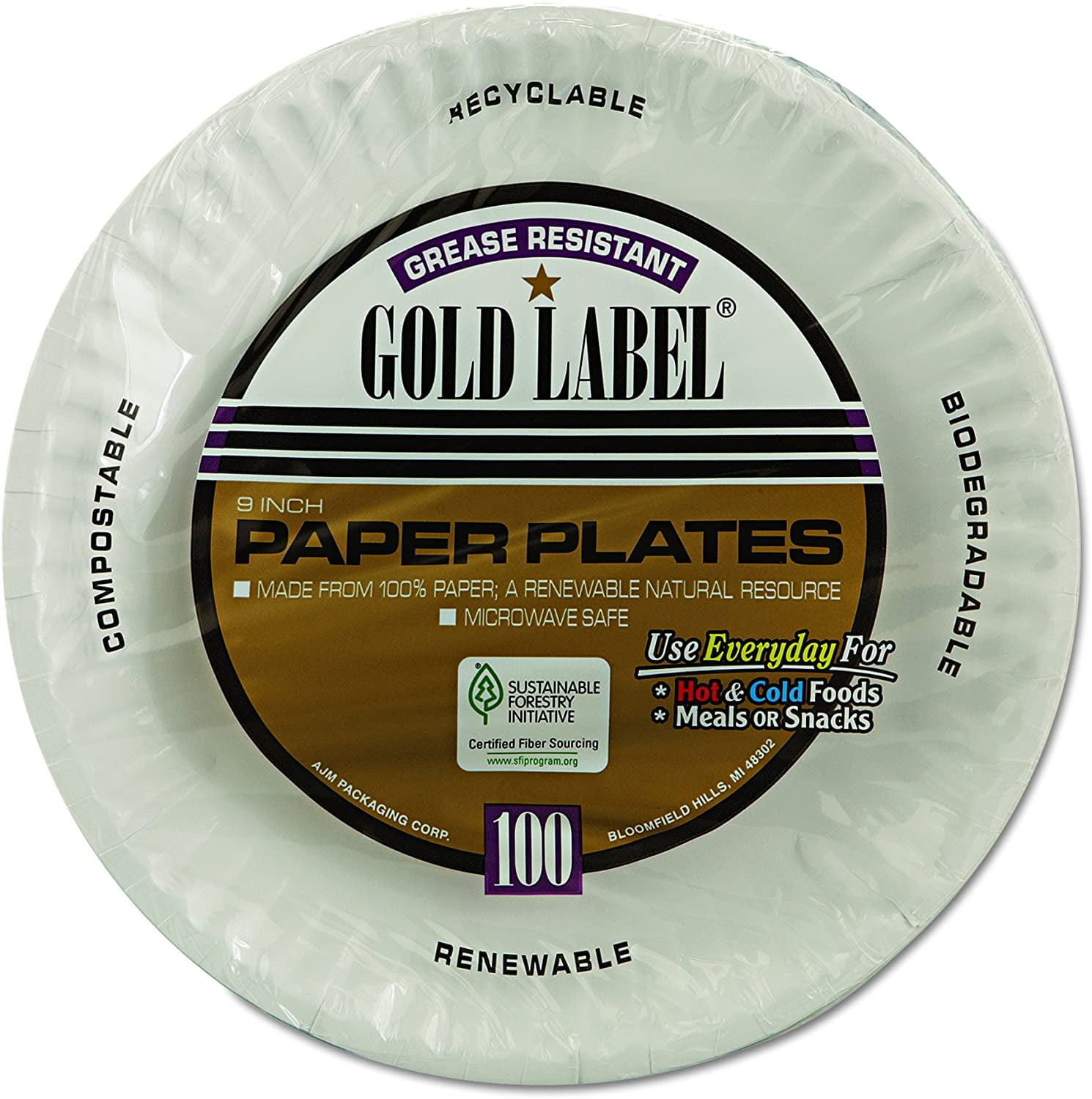 AJM Packaging CP9GOEWH Gold Label Coated Paper Plates, 9-Inch dia ...