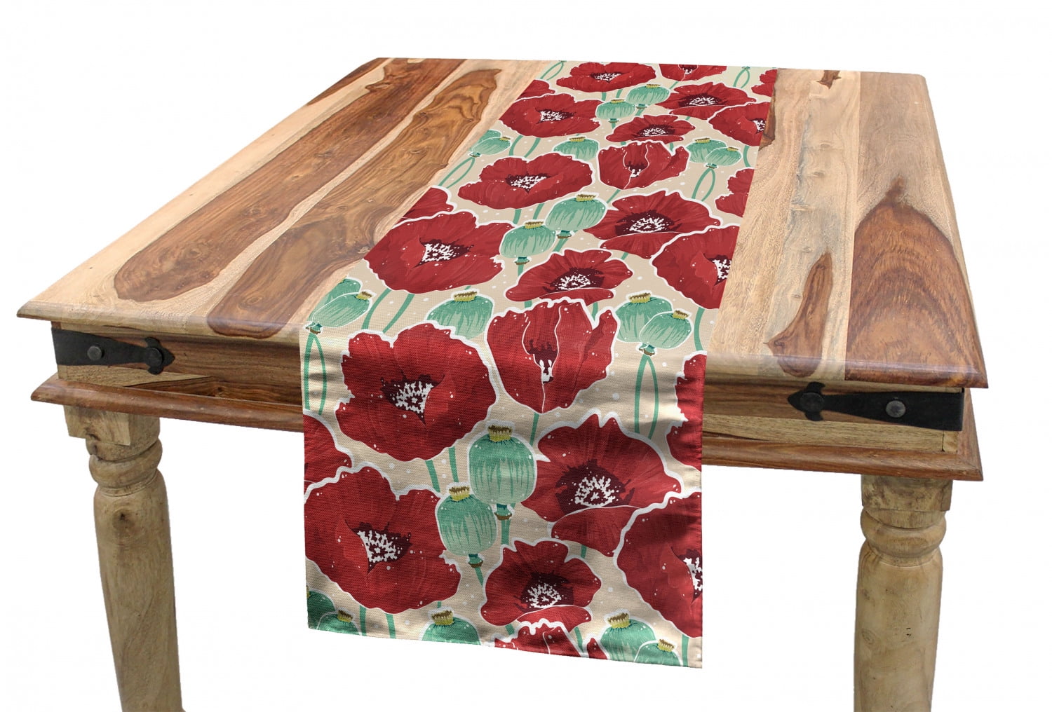 Floral Table Runner, Watercolor Effect Poppy Flowers and Seed Capsules ...