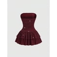 Burgundy Shiny Strapless Cinched Waist Tiered Ruffle Mini Dress For ...