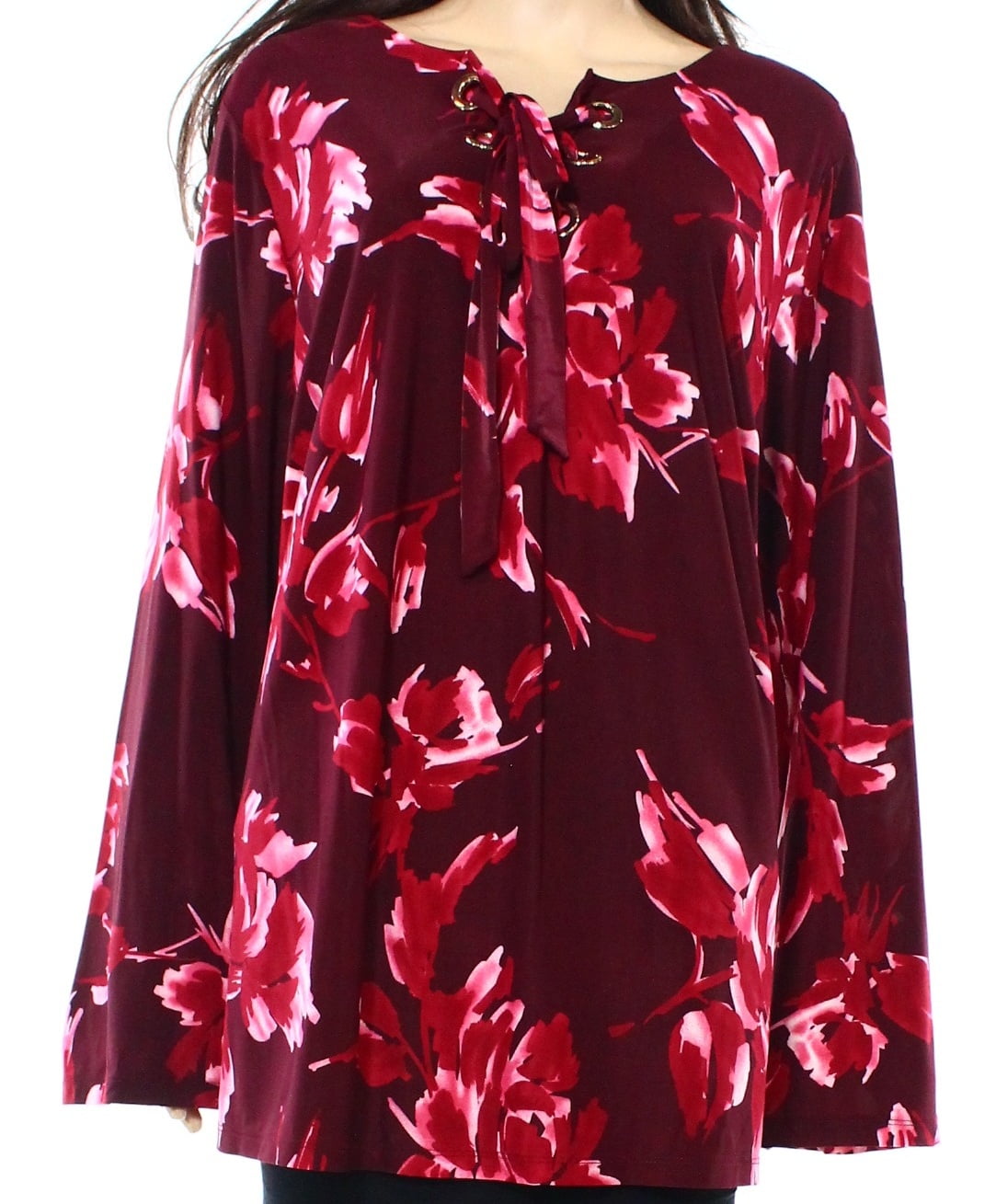 INC NEW Red Rose Women's Size 3X Plus Floral-Print Lace-Up Blouse ...