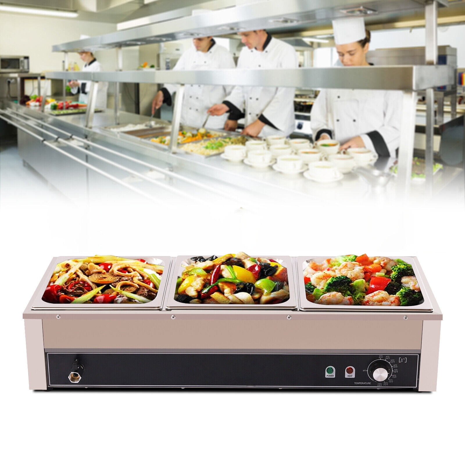 1500W Commercial Food Warmer Steam Table Buffet Server Countertop 3-Pan ...