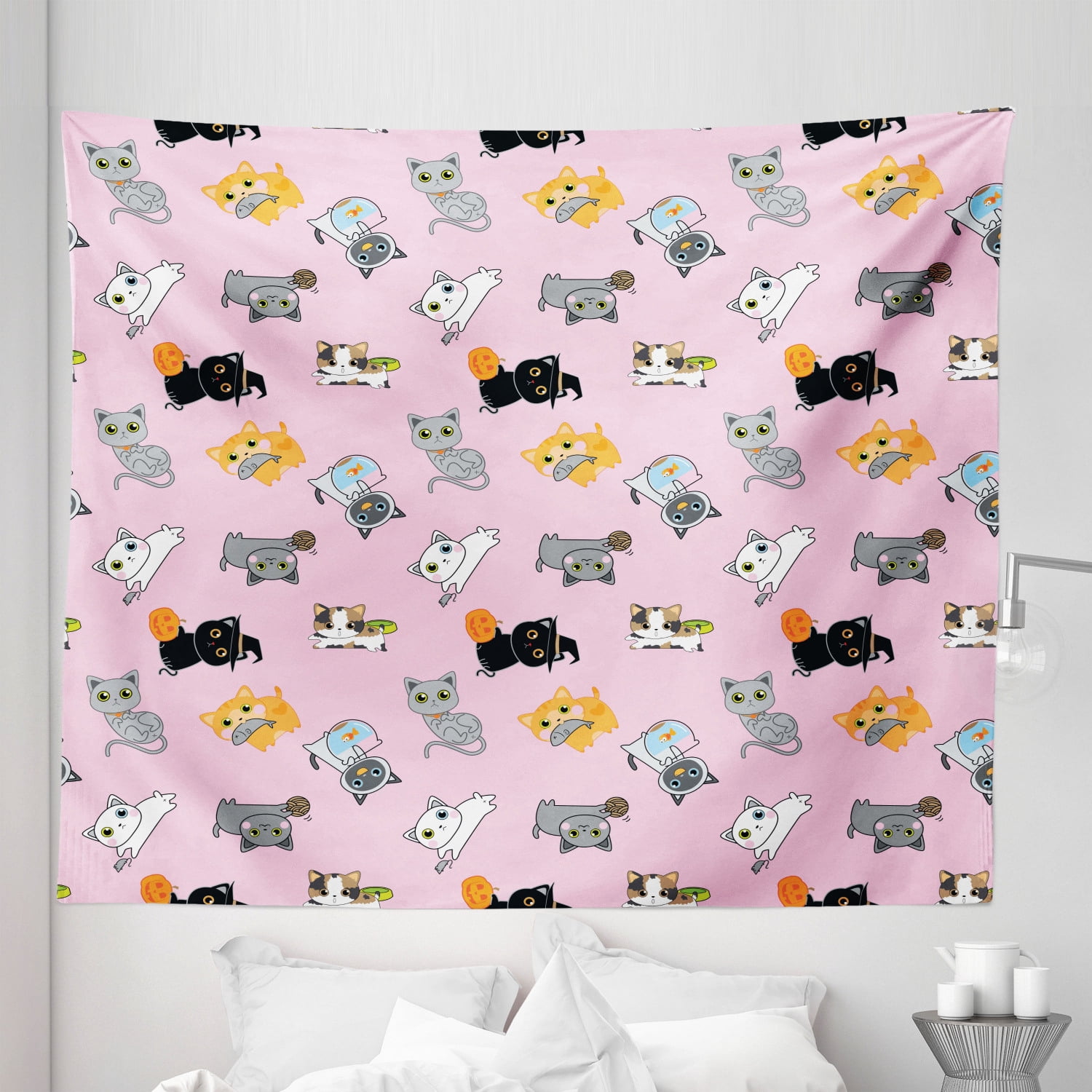 Cat Tapestry, Colorful Kittens Playing with Fish Mice and Yarnball ...