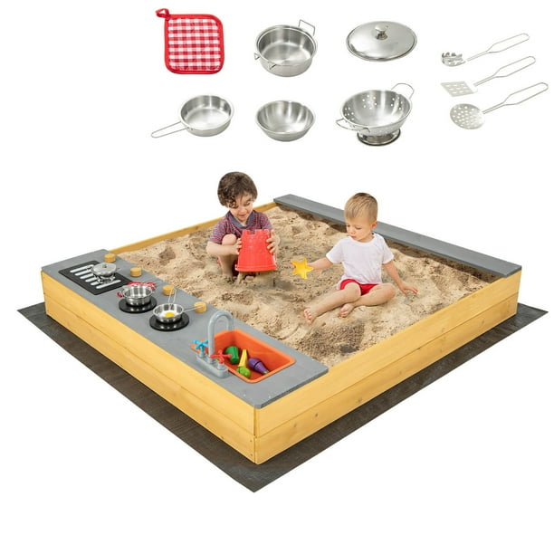 Gymax Kids Sandbox Outdoor Wooden Sandpit w/ Bottom Liner Creative ...