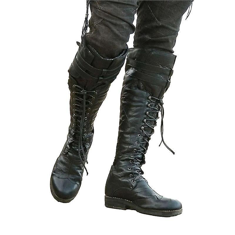 Men's Medieval Knee High Boots Cross Strap Lace Up Shoes Flat Cool Moto ...