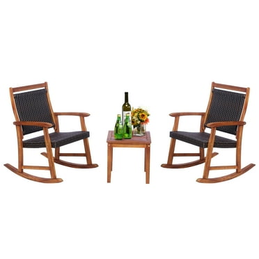 Patiojoy 3-Piece Patio Rattan Wicker Bistro Set Acacia Wood Frame Sofa ...