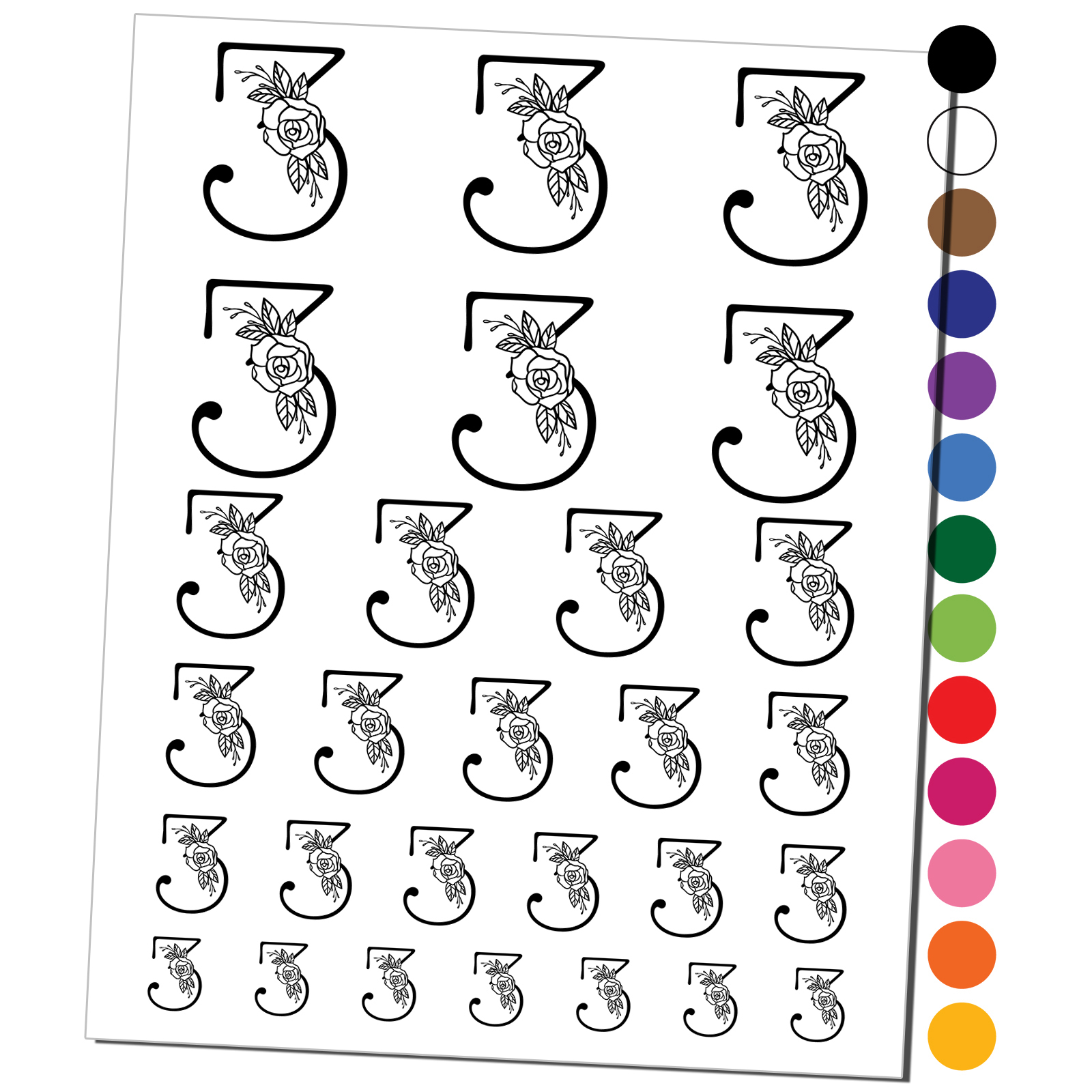 Rose Typewriter Font Number 3 Three Water Resistant Temporary Tattoo ...