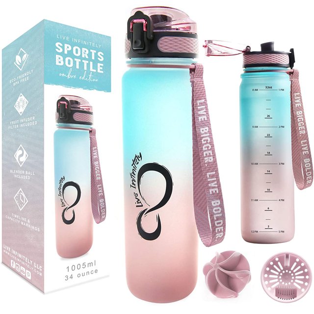 Live Infinitely Gym Water Bottle with Time Marker Fruit Infuser and ...
